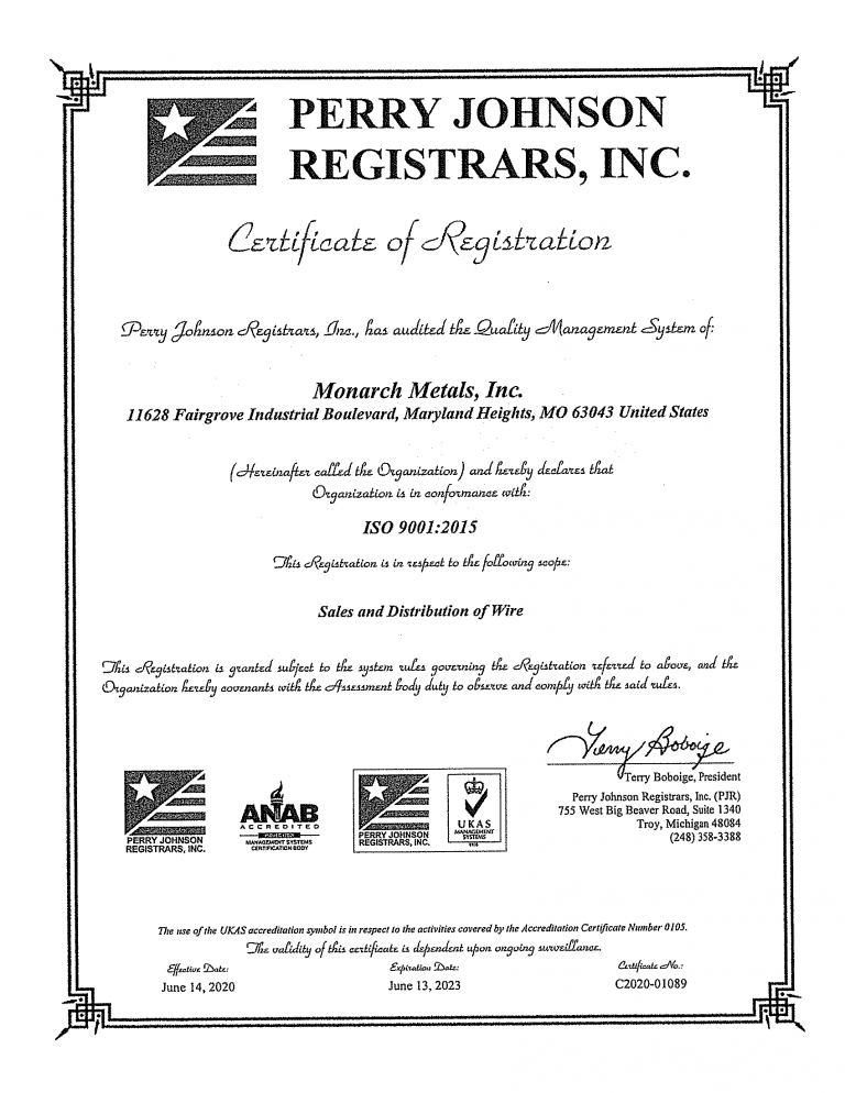 ISO Certification - Monarch Metals, Inc.